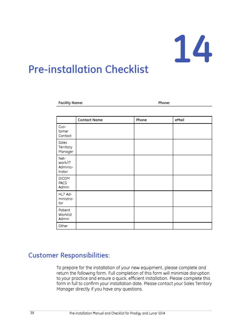 Pre-Installation Checklist Pages - Prodigy - Lunar iDXA LU46004EN | PDF ...