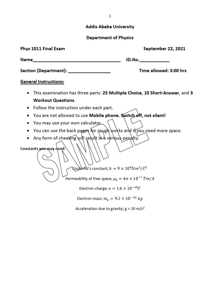 Phys 1011 Final SAMPLE | Download Free PDF | Quantity | Mechanical Engineering