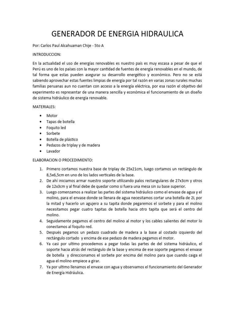 Generador de Energia Hidraulica | PDF | Energía renovable | Molino (molienda)