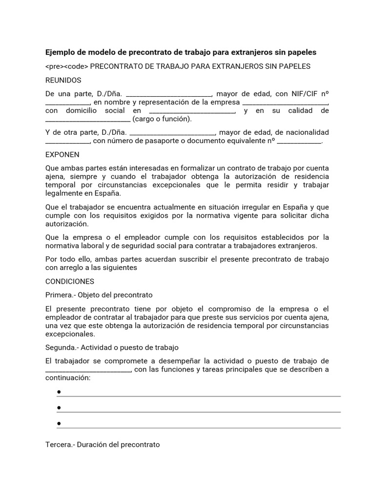 Ejemplo de Modelo de Precontrato de Trabajo para Extranjeros Sin ... Ejemplo de Modelo de Precontrato de Trabajo para Extranjeros Sin ...