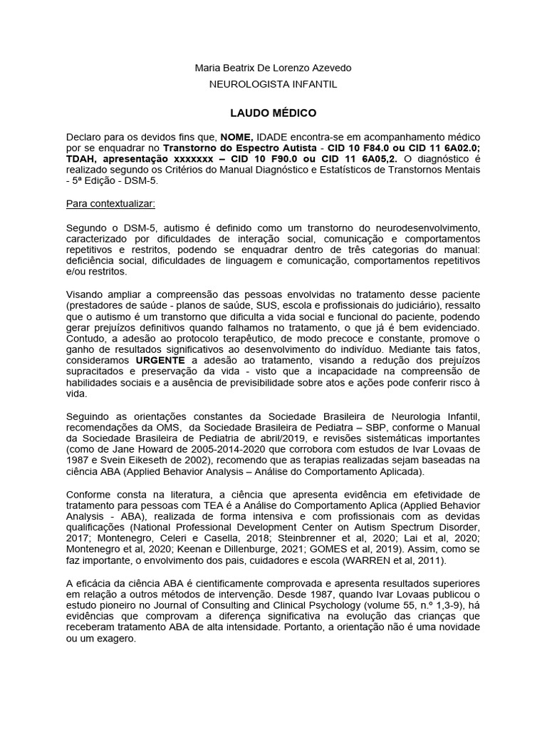 Modelo Laudo | PDF | Espectro do autismo | Distúrbio mental