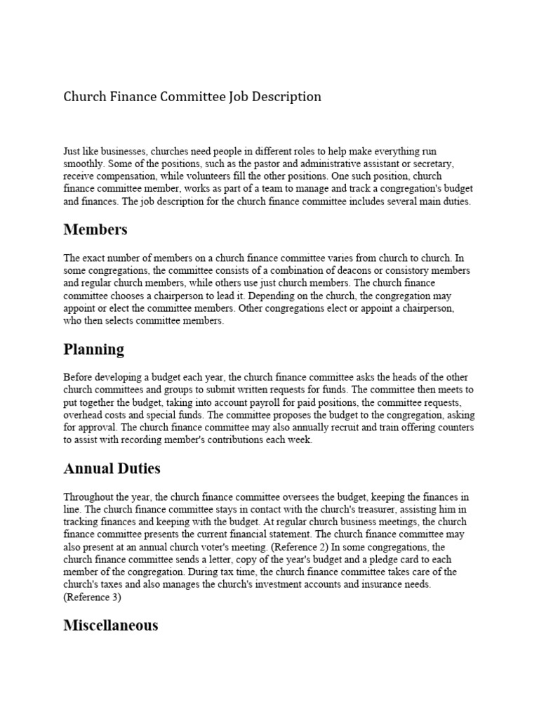 Church Finance Committee Job Description | PDF | Budget | Business