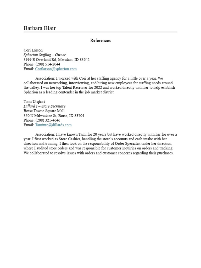 Professional References for Barbara Blair | PDF