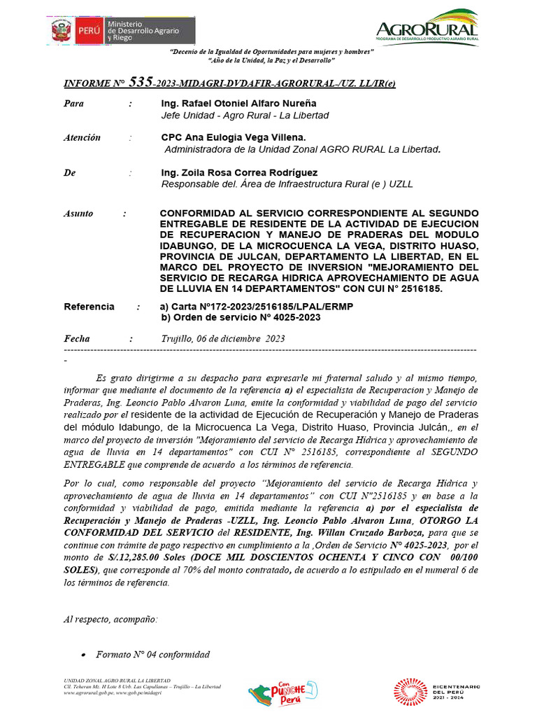 INFORME #535 Segundo Entregable CONFORMIDAD DE RESIDENTE PRADERAS IDABUNGO-JULCAN | PDF
