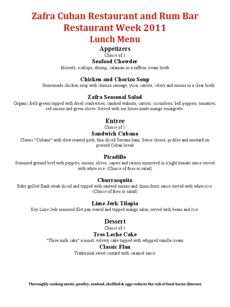 Zafra Restaurant Week Menu 2011 | PDF | Cuisine | Foods