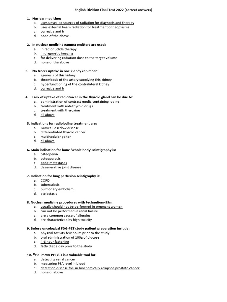 Test Answers-2022 | PDF | Nuclear Medicine | Positron Emission Tomography