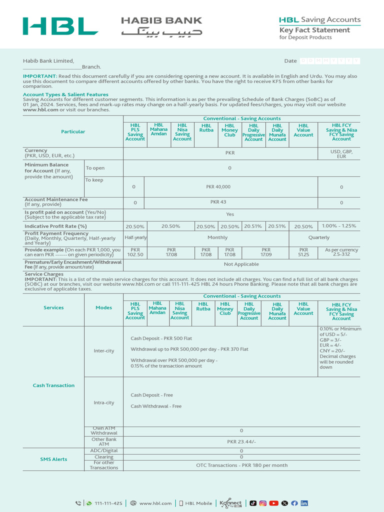 KFS HBL Conventional Saving Account 28-12-2023 | PDF | Debit Card | Cheque