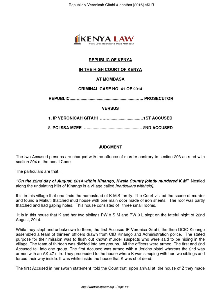 Republic vs. IP Veronica Gitahi Kwe Kwe Mwandaza Case Criminal - Case - 41 - of - 2014 | PDF ...