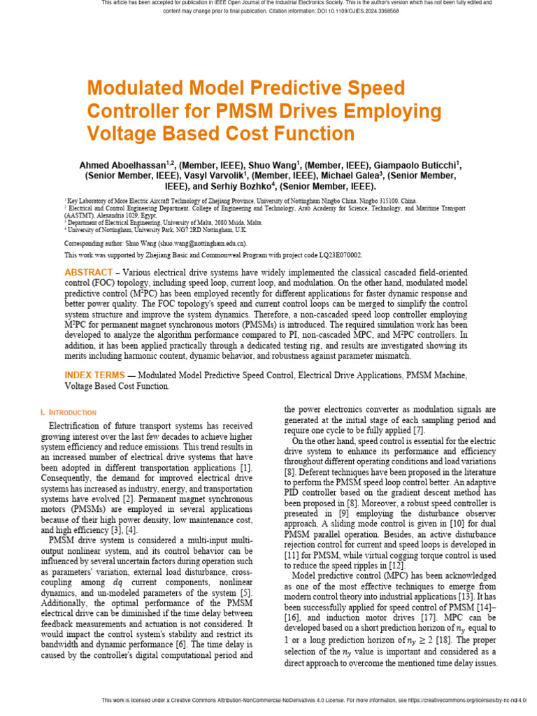 Modulated Model Predictive Speed Controller For Pmsm Drives Employing Voltage Based Cost