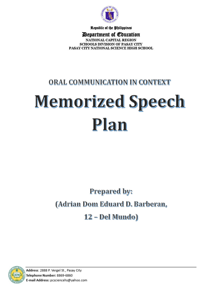 Barberan's Memorized Speech Grade 12 - Del Mundo | PDF | Happiness ...