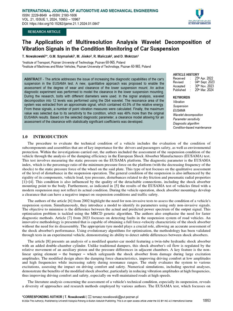 The Application of Multiresolution Analysis Wavelet Decomposition of Vibration Signals in The ...