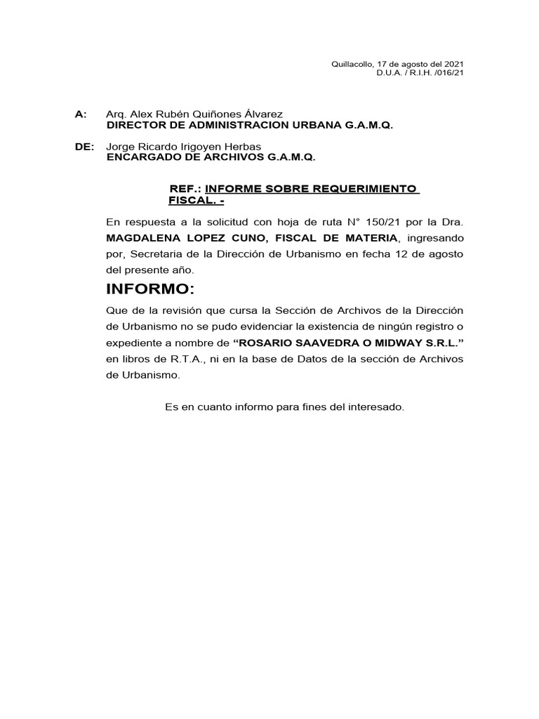 Informe Sobre Requerimiento Fiscal 016 Magdalena Lopez Cuno | PDF
