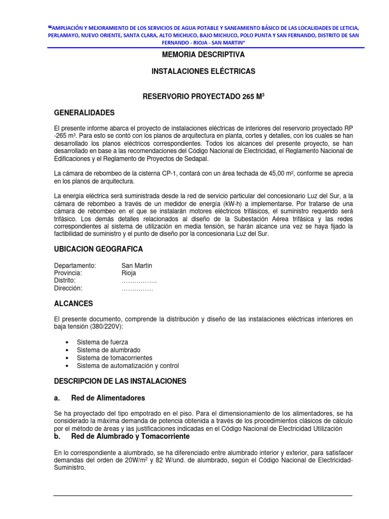 Memoria Descriptiva Eléctrica | PDF | Corriente eléctrica | Ingenieria Eléctrica
