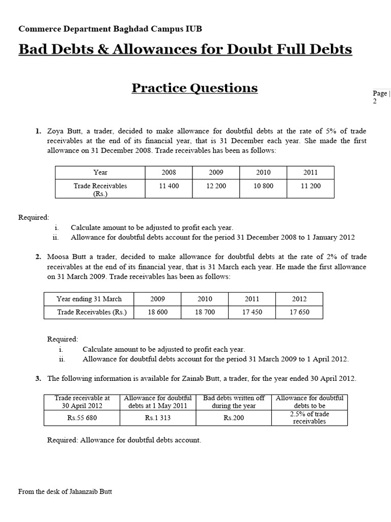 Bad Debts and Provision For Bad Debts Practice Questions File 1 | PDF ...