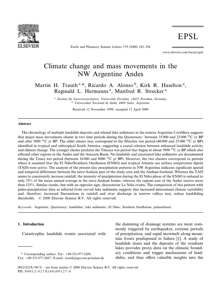 Climate Change and Mass Movements in The NW Argentine Andes - Martin H ...
