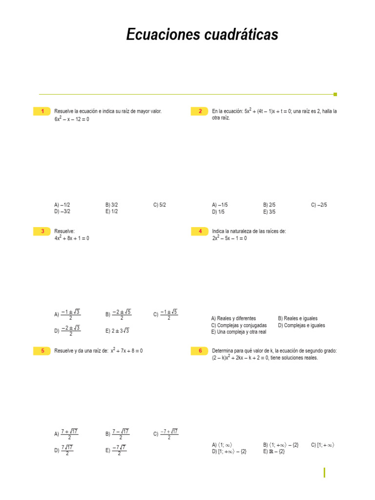 Actividades de Ecuaciones Cuadráticas | PDF | Ecuación cuadrática | Ecuaciones