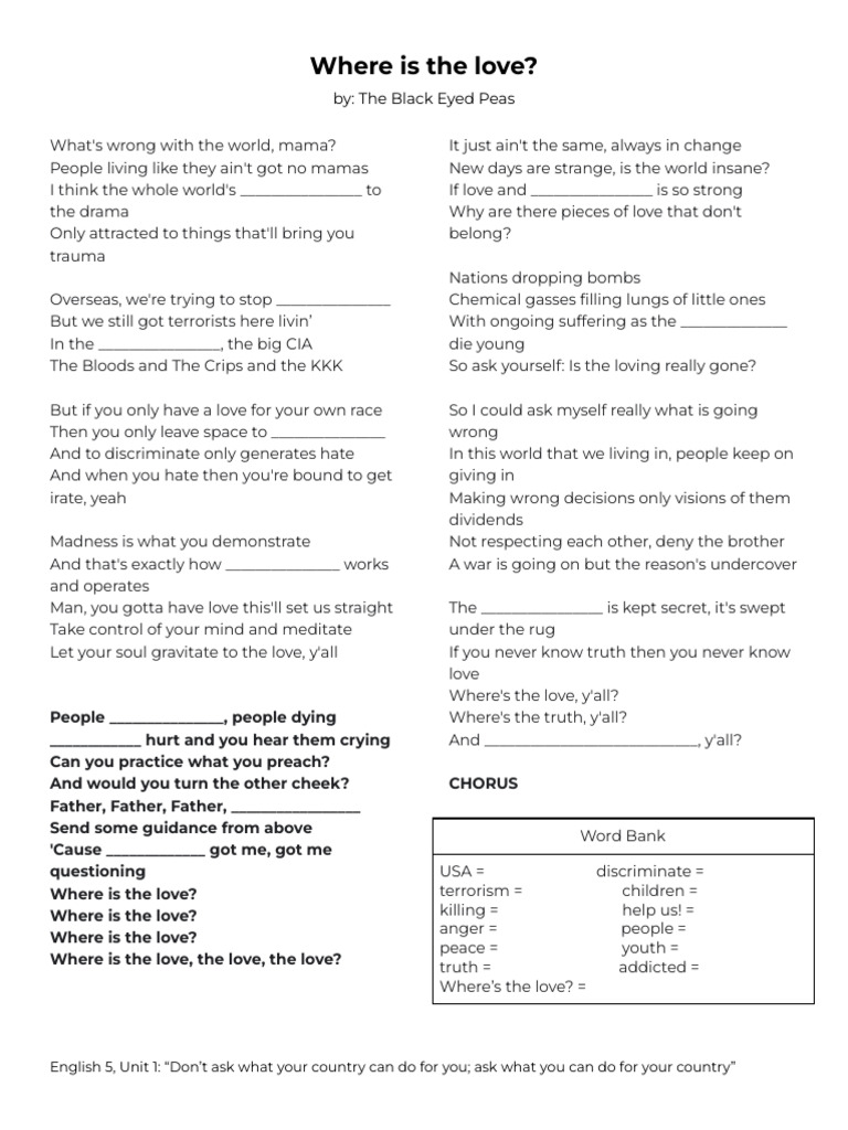 Where Is The Love - Song Handout | PDF | Reason