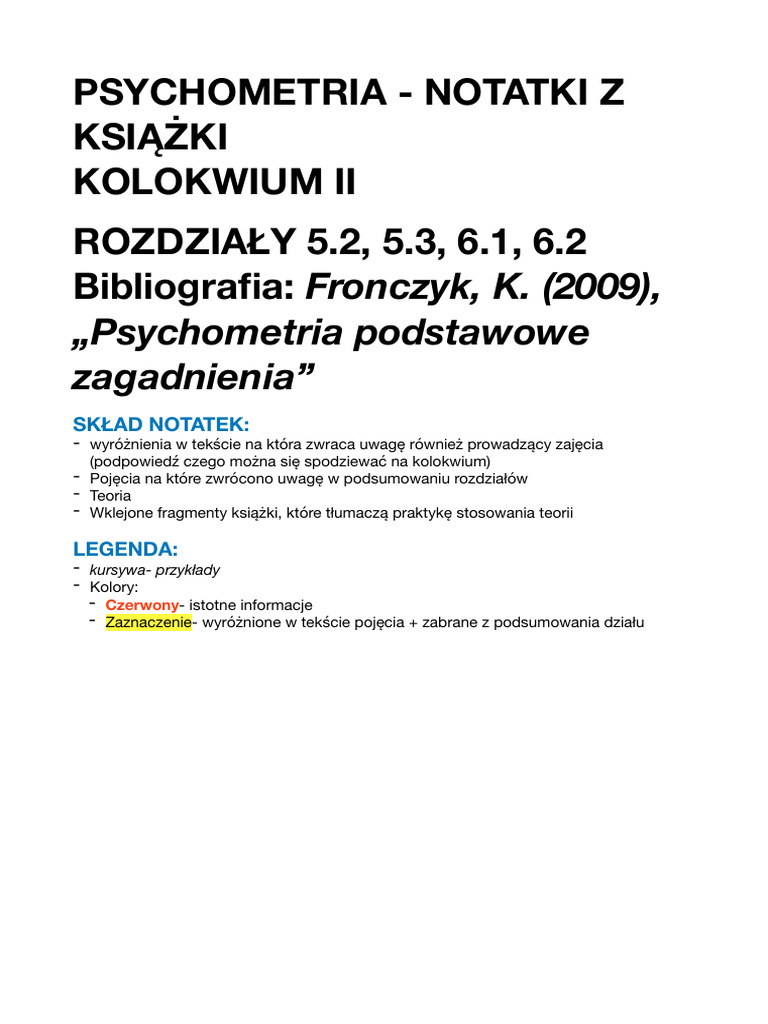 Notatki II Kolokwium Psychometria Skompresowany | PDF
