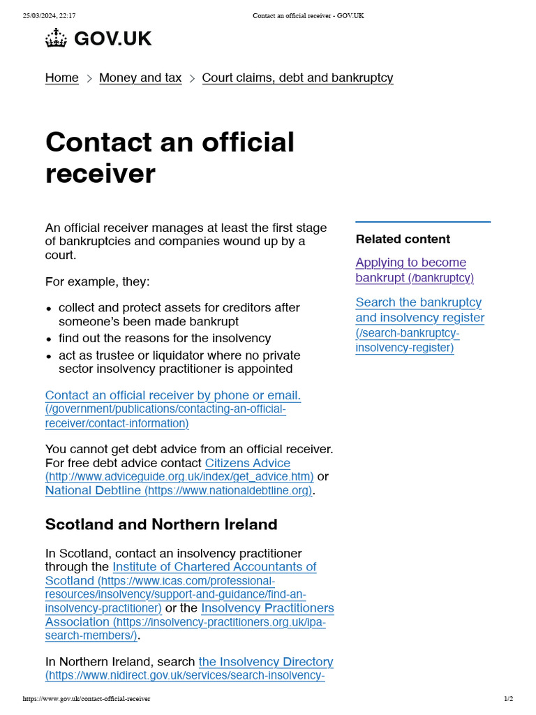 Contact An Official Receiver - GOV - UK | PDF | Bankruptcy | Receivership