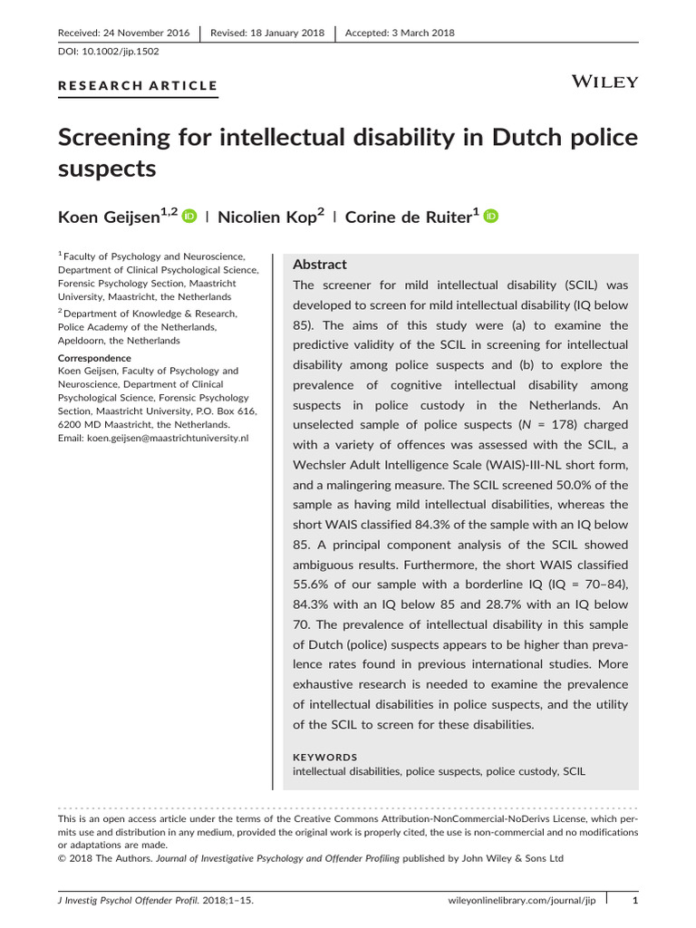 Intellectual Disability Screening in Dutch Police Suspects | PDF ...