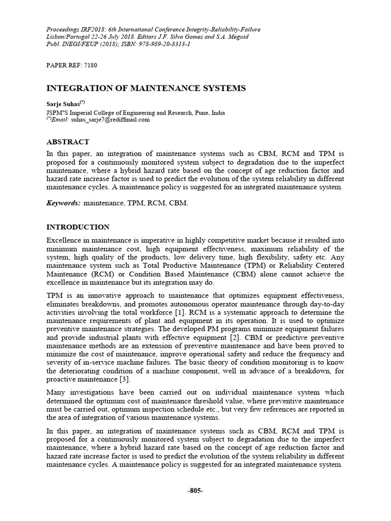 Integration of Maintenance Systems: Keywords: Maintenance, TPM, RCM, CBM | PDF | Reliability ...