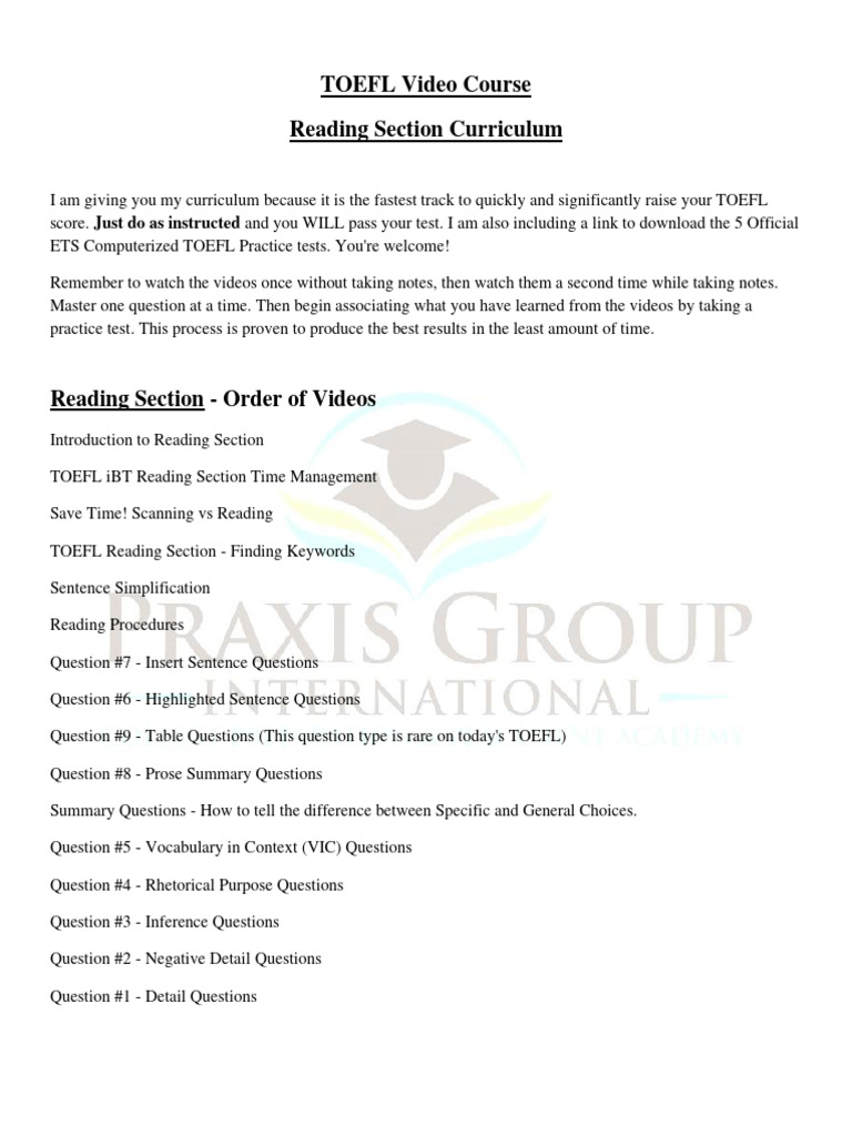 TOEFL Reading Section Video Curriculum | PDF | Career & Growth