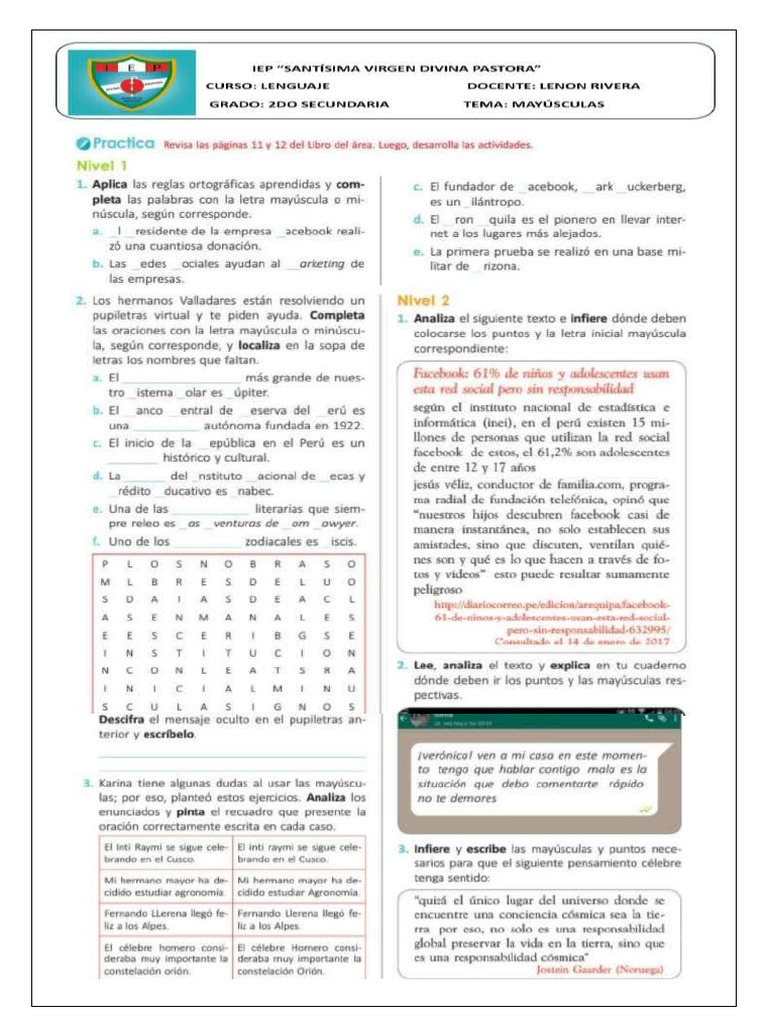 2do Sec Lenguaje - Mayúscula Marzo | PDF