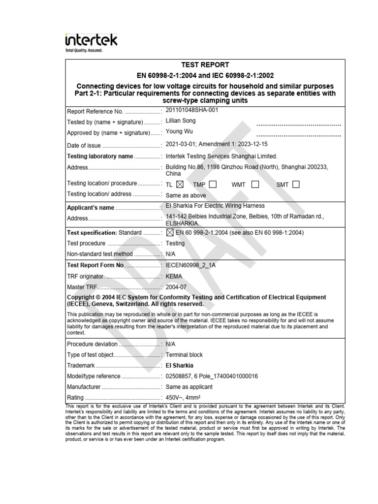 201101048SHA-001 Intertek CE Report For Terminal Block 1 | PDF ...