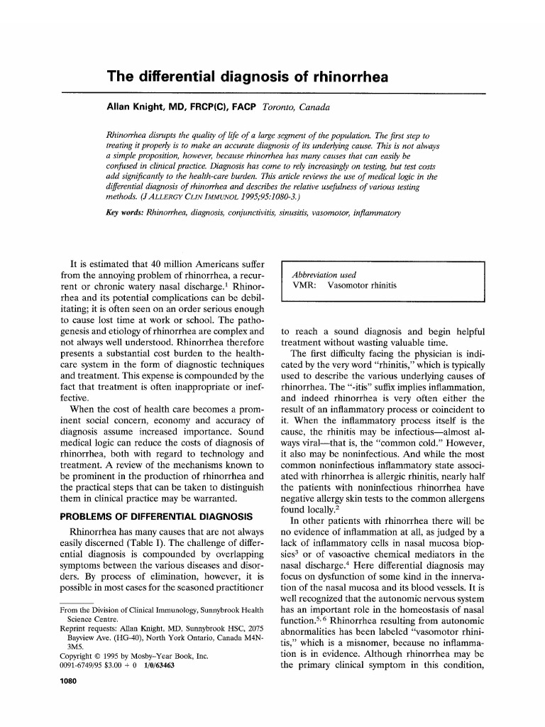 The Differential Diagnosis of Rhinorrhea - Ymai | PDF | Allergy | Allergen