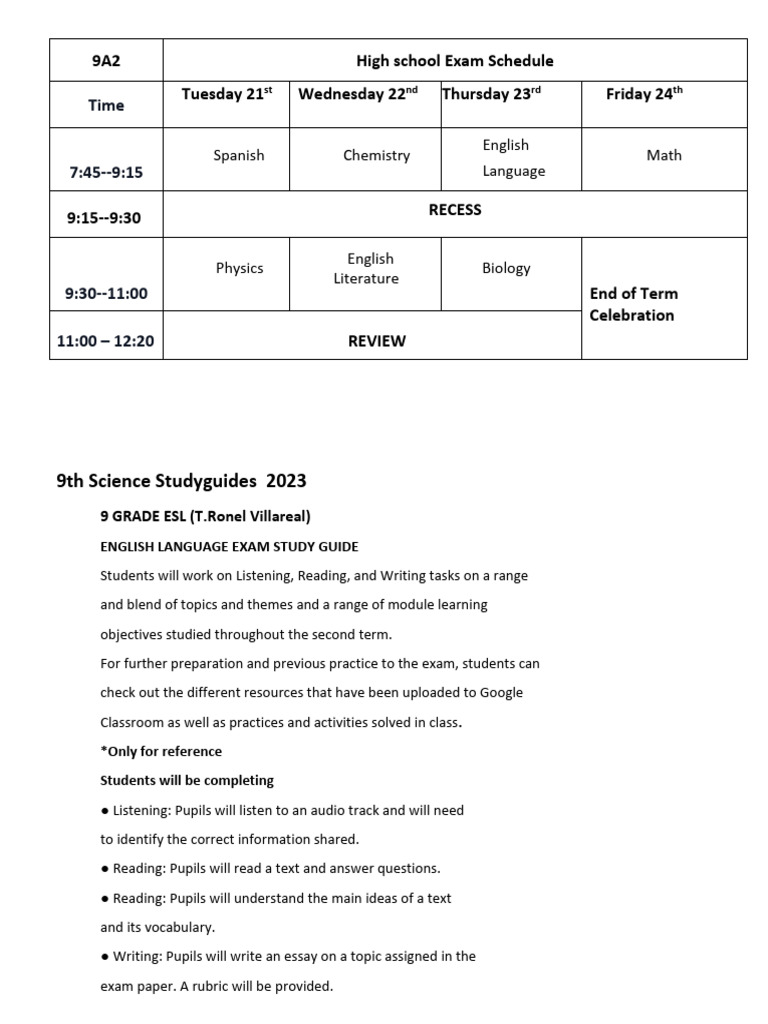 9A2 Term 3 Exam Schedules & Amp Studyguides 2023 N | PDF | English As A ...