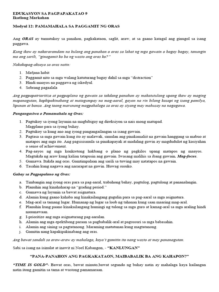 Modyul 12 Pamamahala Sa Paggamit NG Oras | PDF
