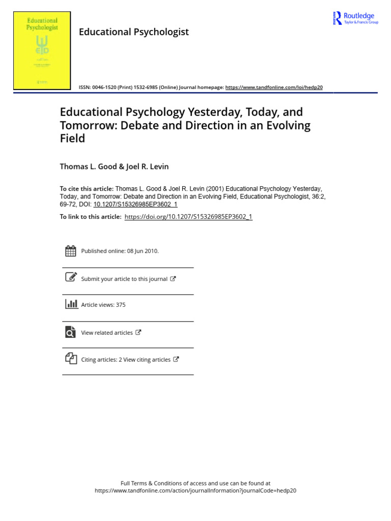 Educational Psychology Yesterday Today and Tomorrow Debate and ...