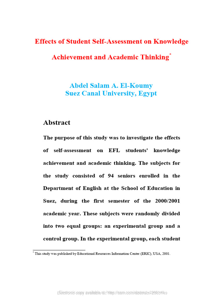 Effects of Student Self-Assessment On Knowledge Achievement and Academic Thinking | PDF ...