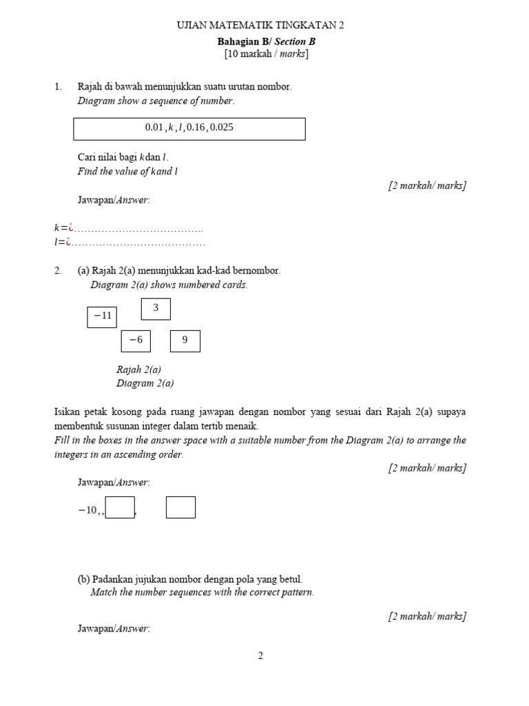 Ujian Matematik Tingkatan 2 | PDF
