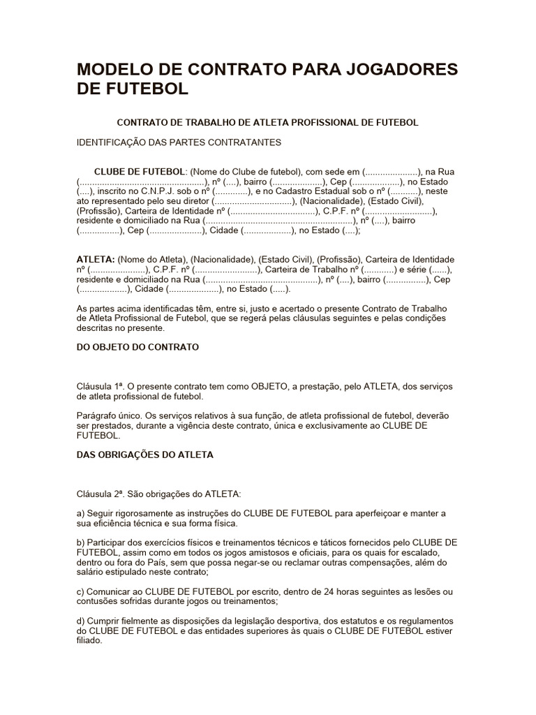 Modelo de Contrato para Jogadores de Futebol | PDF | Futebol | Salário Modelo de Contrato para Jogadores de Futebol | PDF | Futebol | Salário
