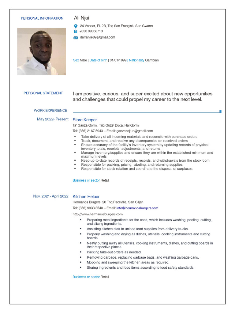 Kitchen Helper CV of Ali Njai | PDF | Inventory
