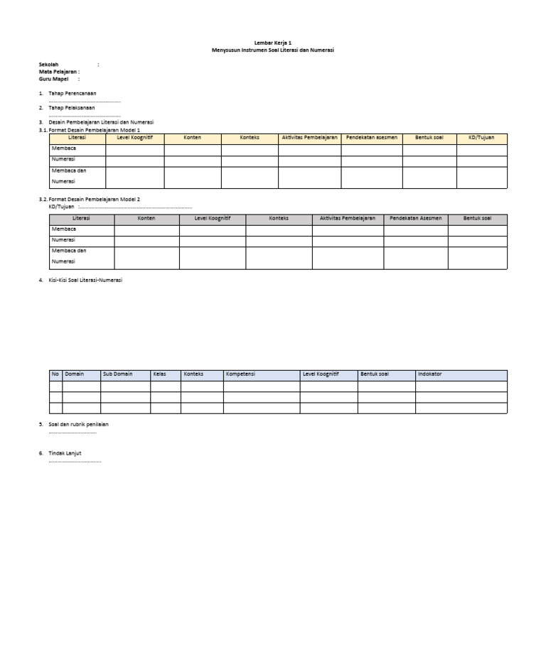 Lembar Kerja 1 Penyusunan Instrumen Soal Literasi Numerasi | PDF ...