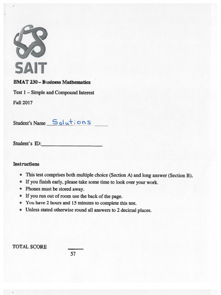 BMAT 230 Fall 2017 Test #1 With Solutions | PDF