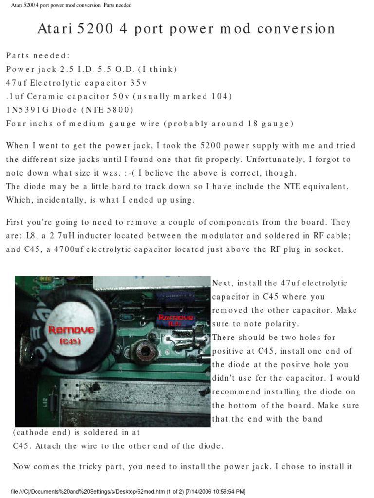 Atari 5200 Power Mod Guide | PDF | Capacitor | Materials Science