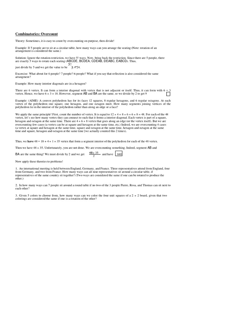 Lesson 1 Combinatorics Topic Overcount | PDF | Vertex (Geometry) | Discrete Mathematics