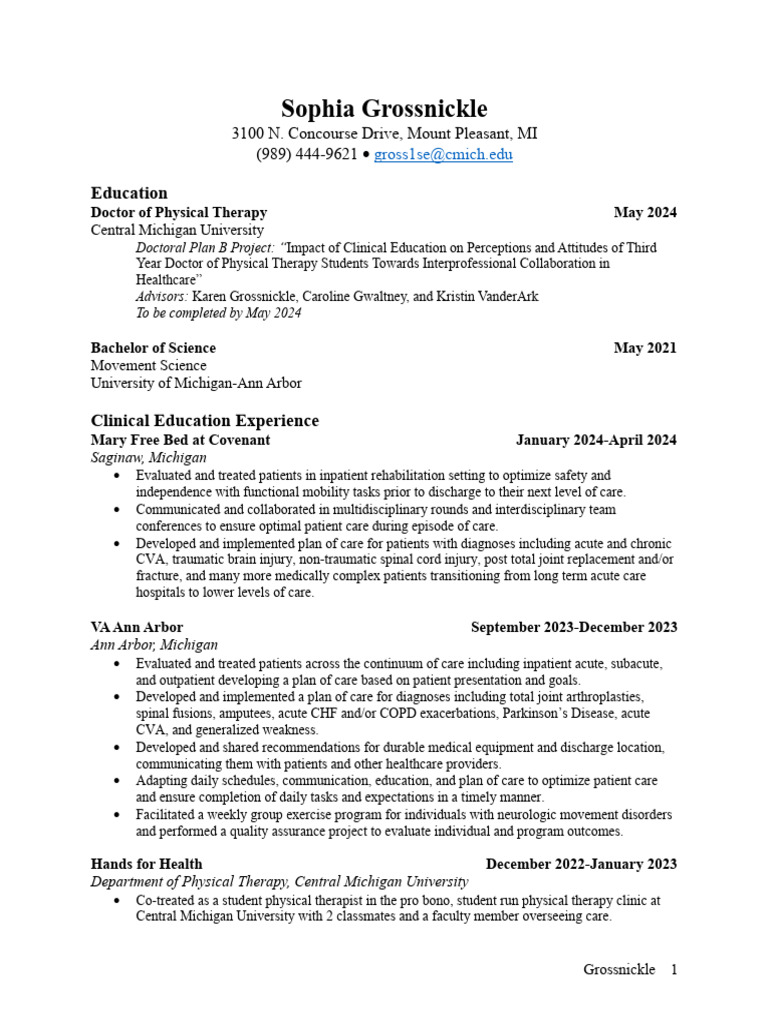 Grossnickle CV Final | PDF | Physical Therapy | Patient