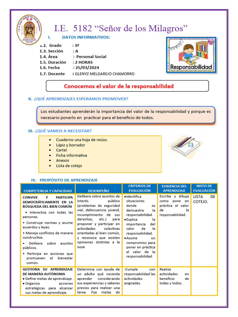 Actividades sobre el Valor de la Responsabilidad | PDF | Evaluación ...