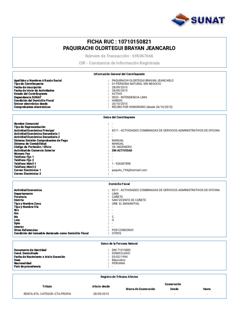 Ficha RUC - Brayan Paquirachi Olortegui | PDF | Documento de identidad | Industrias de servicio