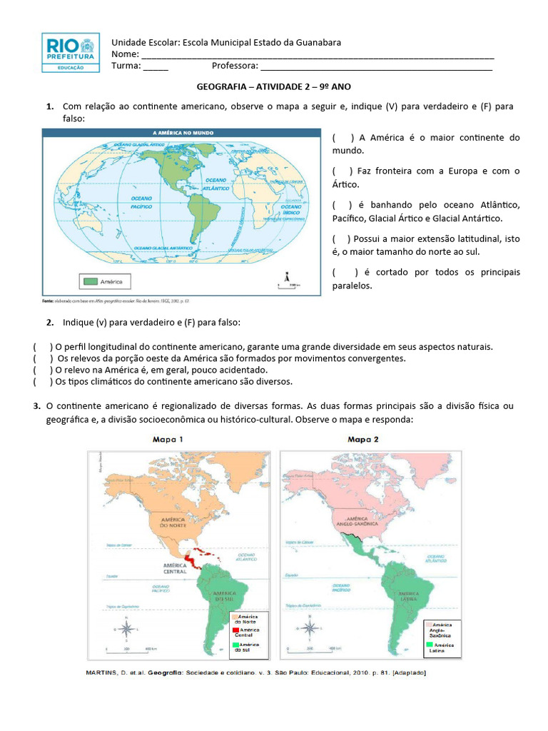 Atividade 2 - Regionalização Do Continente Americano | PDF