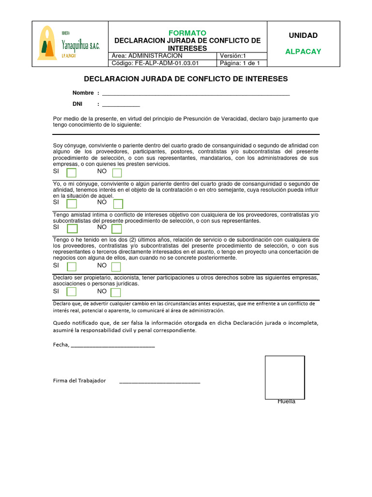 FORMATO Declaración Jurada de Conflicto de Intereses | PDF | Declaración jurada | Justicia