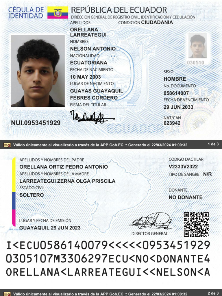 Cédula Ecuatoriana de Nelson Orellana | PDF