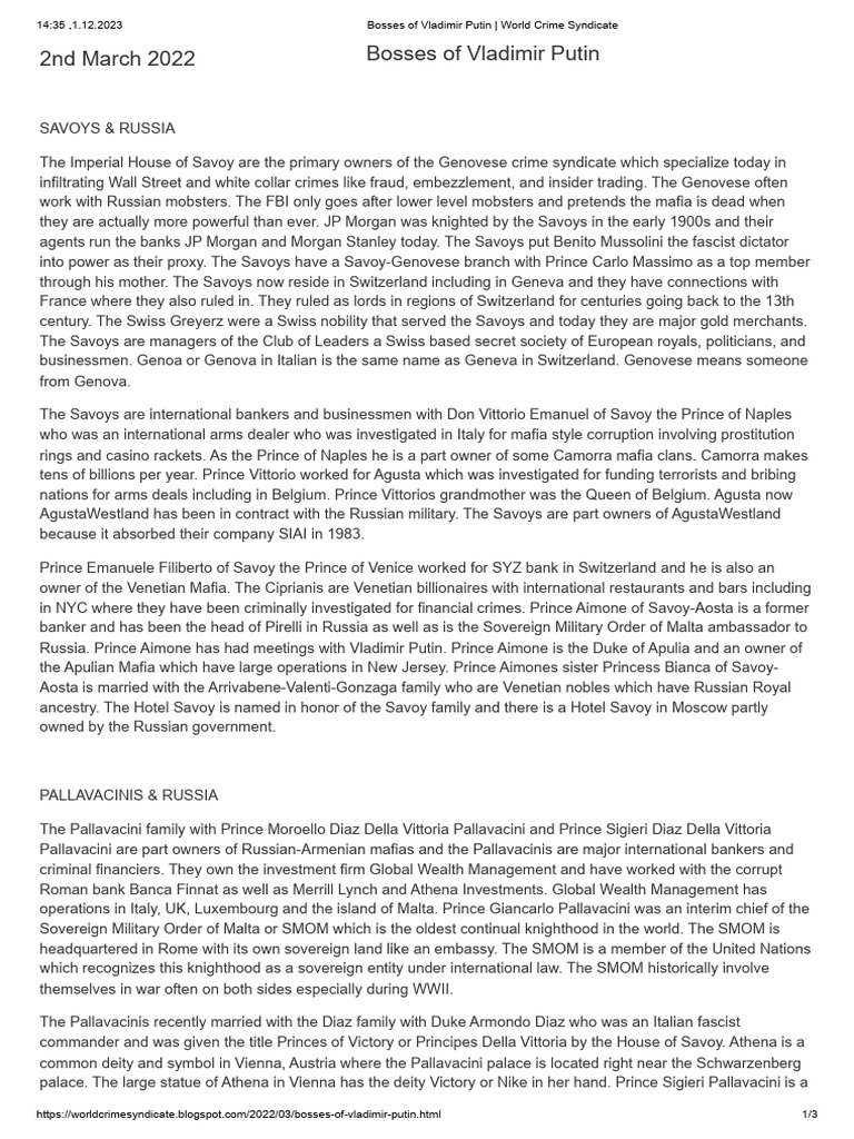 Bosses of Vladimir Putin - World Crime Syndicate | PDF | Sicilian Mafia | Crime & Violence