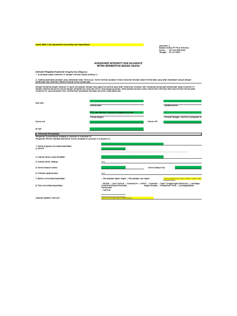 Form Kuesioner IDD Mitra Badan Usaha - Mitra TJSL (F) | PDF