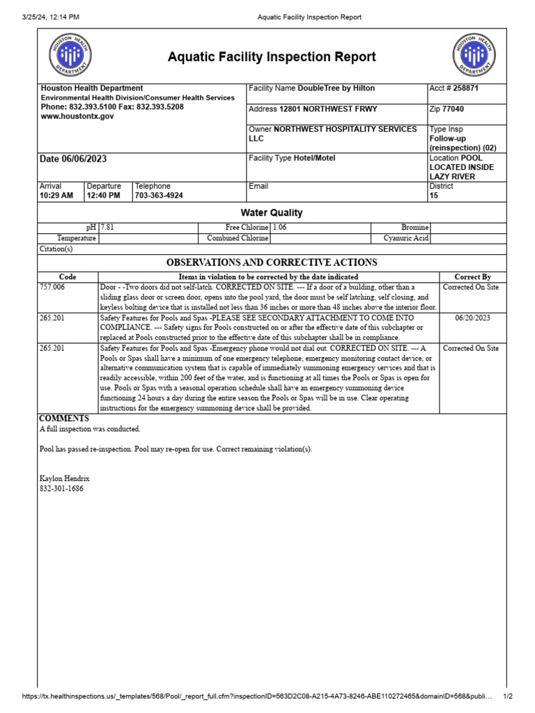 06-06-2023 Aquatic Facility Inspection Report | PDF | Telephone | Door