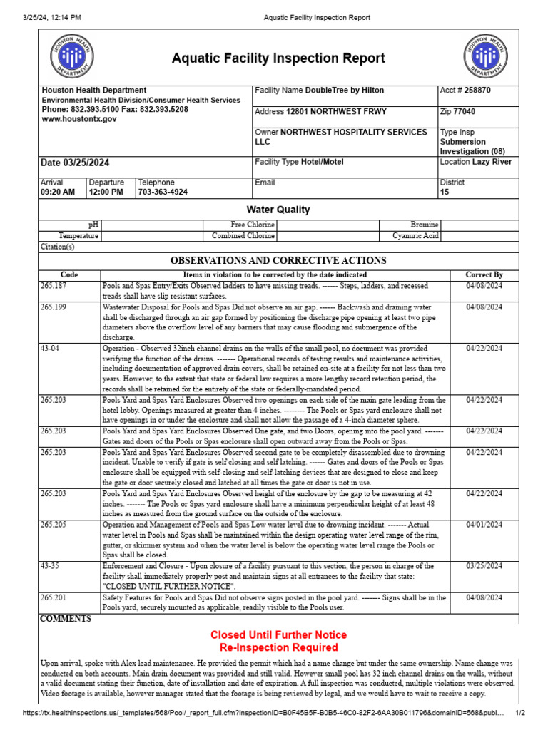 03-25-2024 Aquatic Facility Inspection Report | PDF